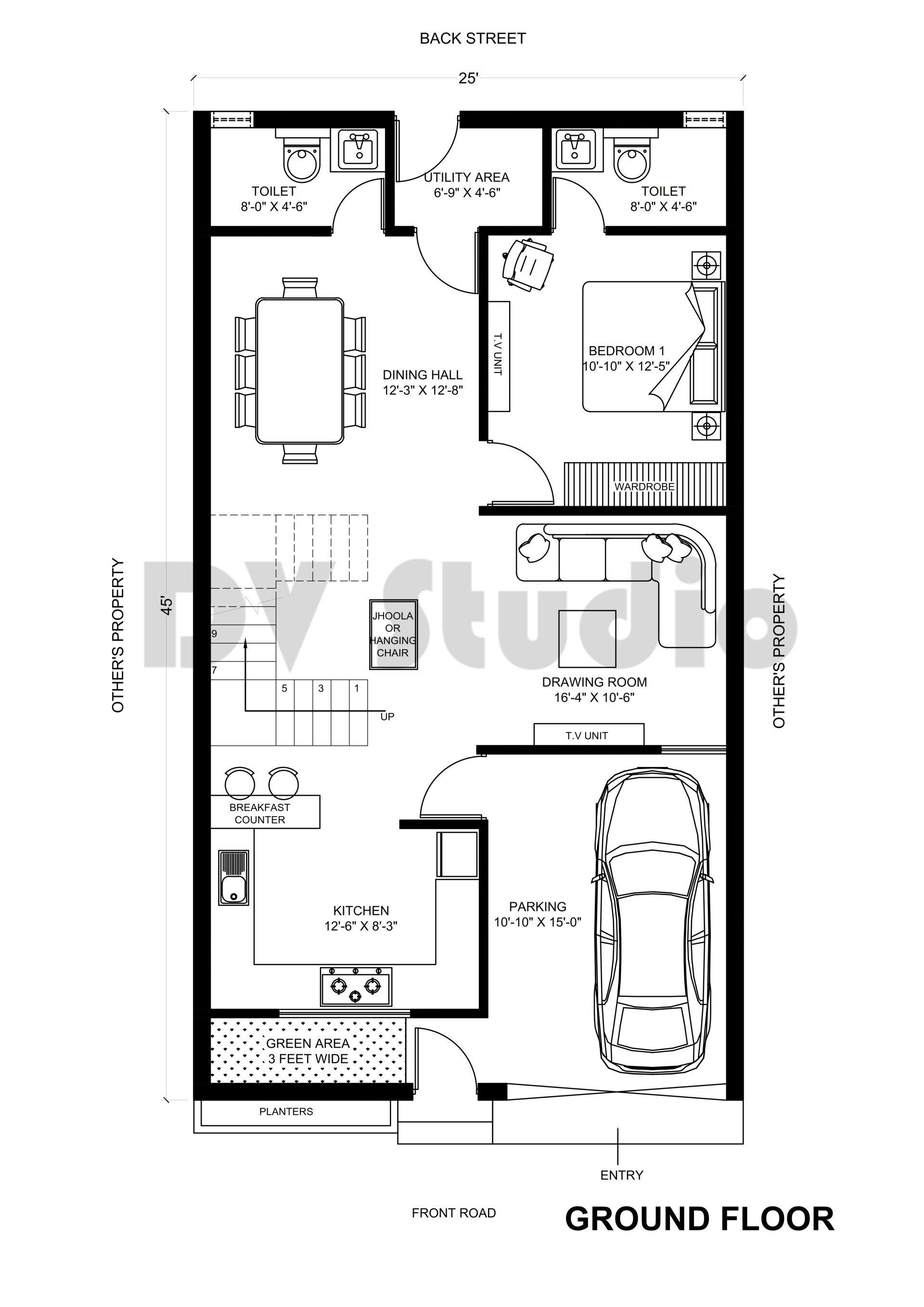 25X45 House Design Option 2 - DV Studio