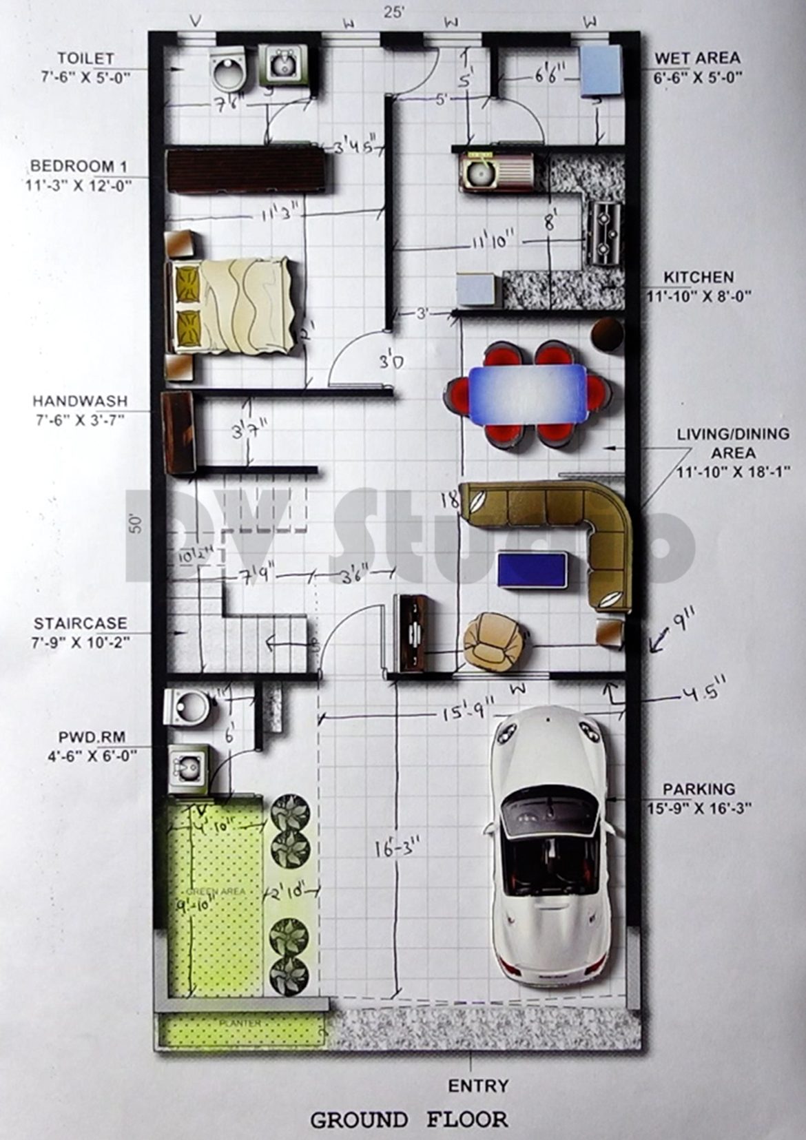 25X50 House Floor Plans Option 2 - DV Studio