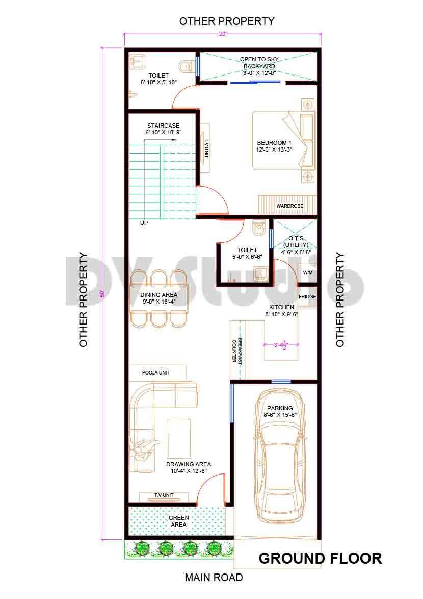 20x50 House Plans Option 6 - 1000 Sqft| 110 Gaj - DV Studio