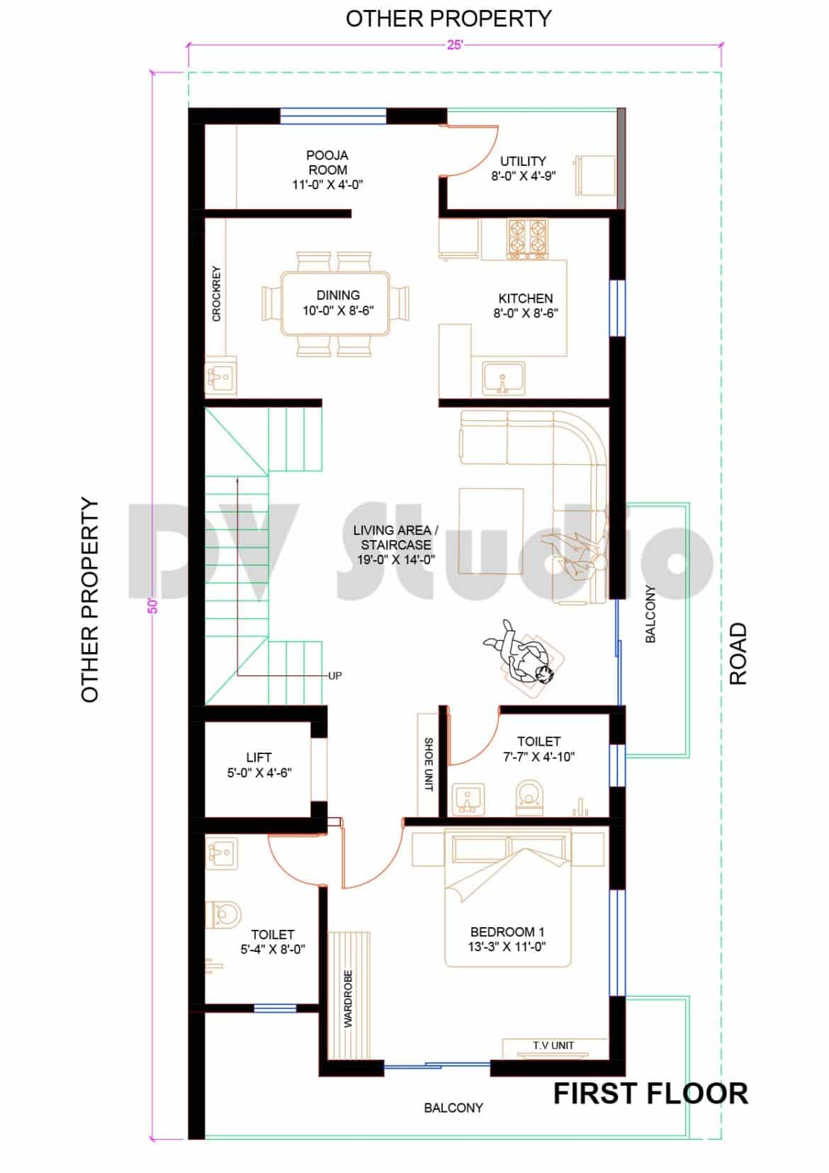 25x50 House Plans Option 7 - 1250 Sqft | 140 Gaj - DV Studio