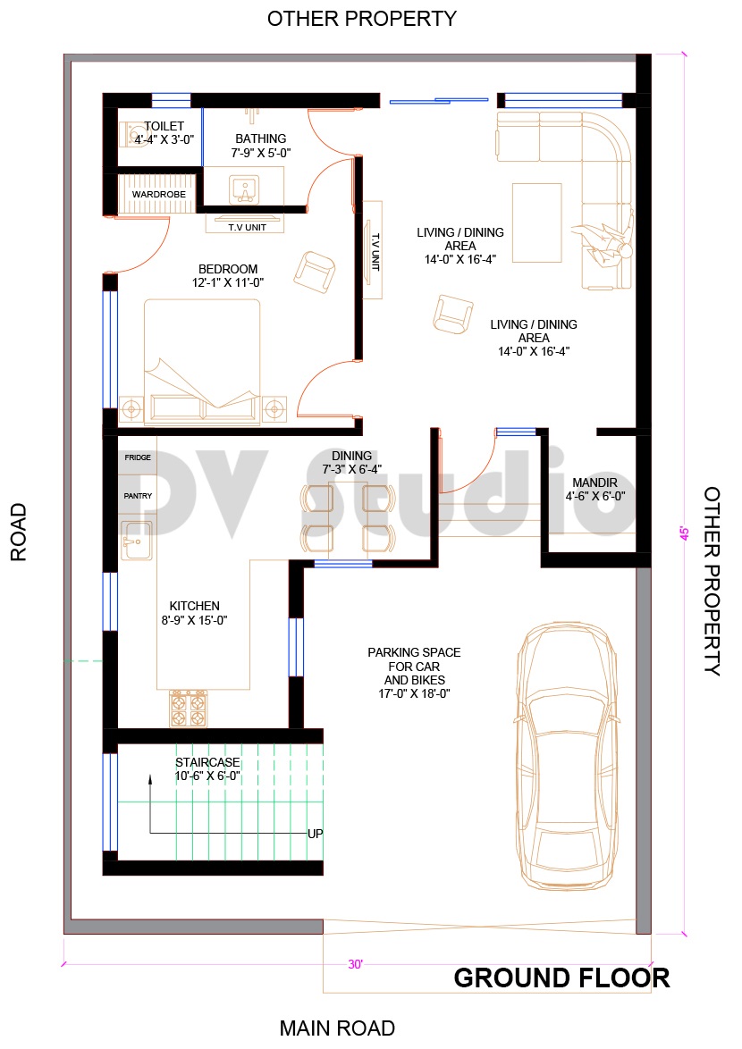 30x45 House Plan 3D - 4BHK - Option 7 - 1350 Sqft | 150 Gaj - DV Studio