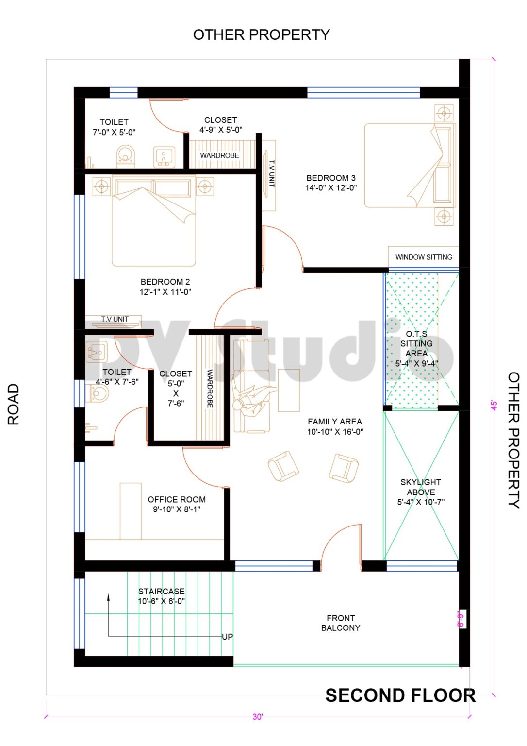 30x45 House Plan 3D - 4BHK - Option 7 - 1350 Sqft | 150 Gaj - DV Studio