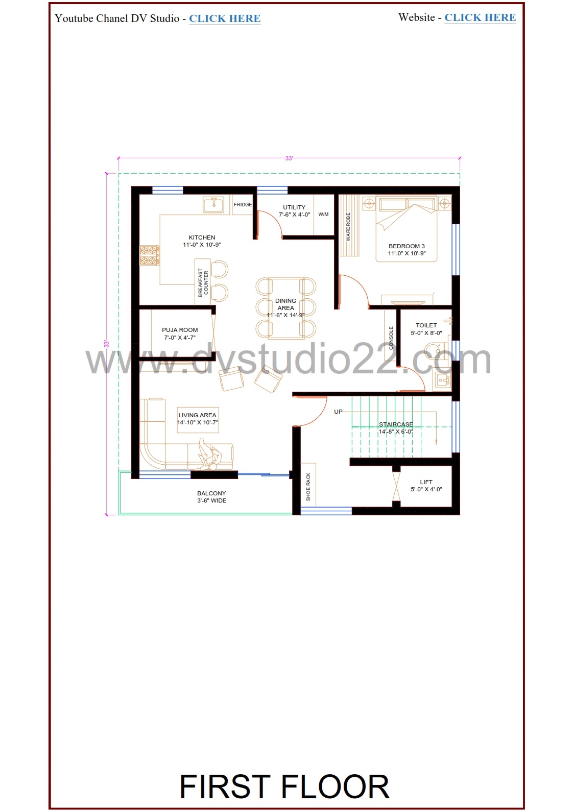 33x33 House Plans 3D - 5BHK - Option 2 - 1089 Sqft | 121 Gaj - DV Studio