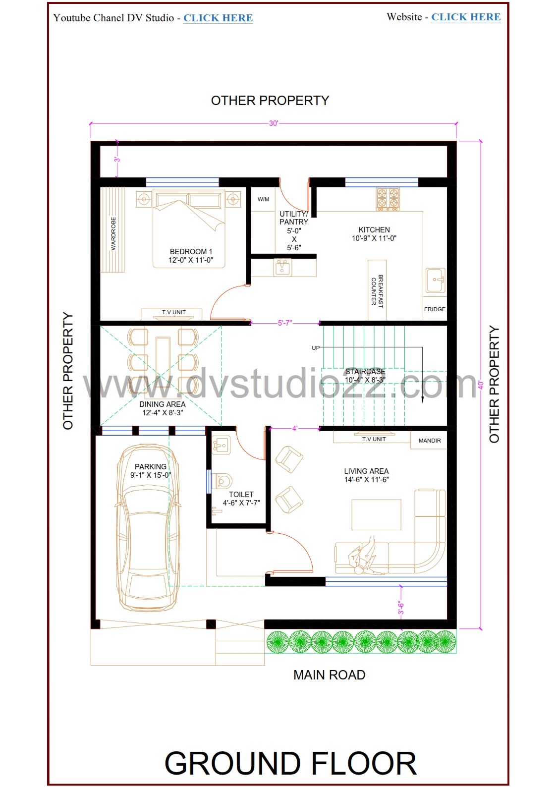 30x40 House Plans Option 14 - 1200 Sqft | 135 Gaj - DV Studio