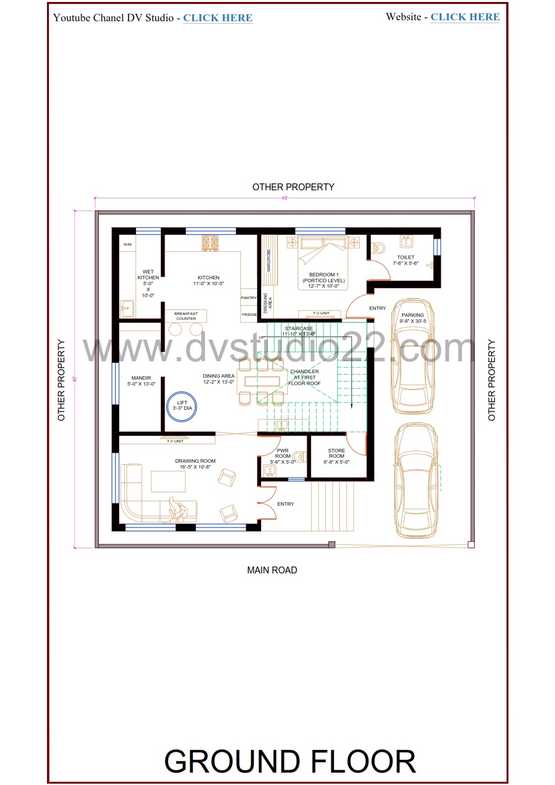 45x40 House Plans Option 2 - 1800 Sqft | 200 Gaj - DV Studio