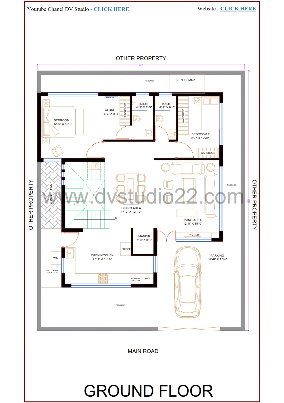 40x50 House Plan 3D - 4BHK - Option 4 - 2000 Sqft | 225 Gaj - DV Studio
