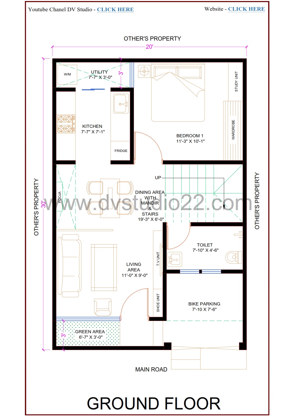 20x30 House Plans 3D - 3BHK - Option 8 - 600 Sqft | 65 Gaj - DV Studio