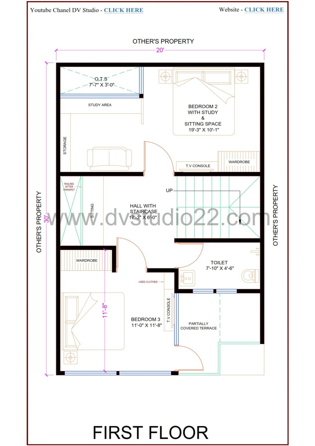 20x30 House Plans 3D - 3BHK - Option 8 - 600 Sqft | 65 Gaj - DV Studio