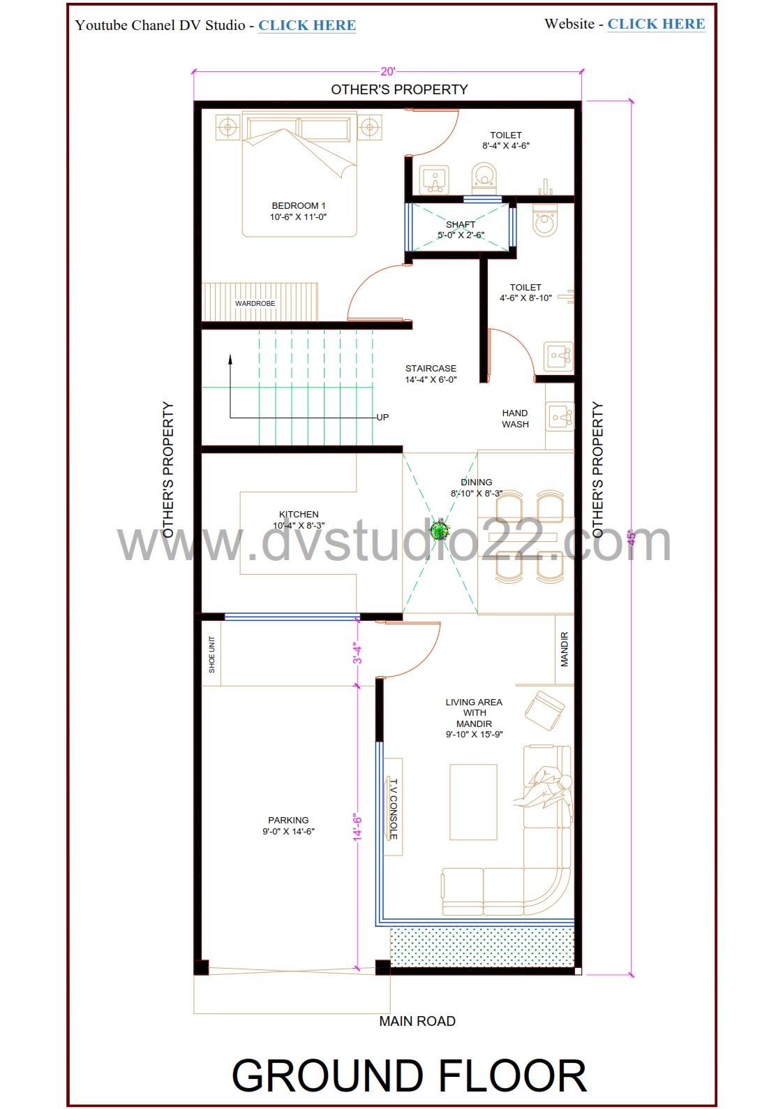20x45 House Plans 3D - 4BHK - Option 6 - 900 Sqft | 100 Gaj - DV Studio
