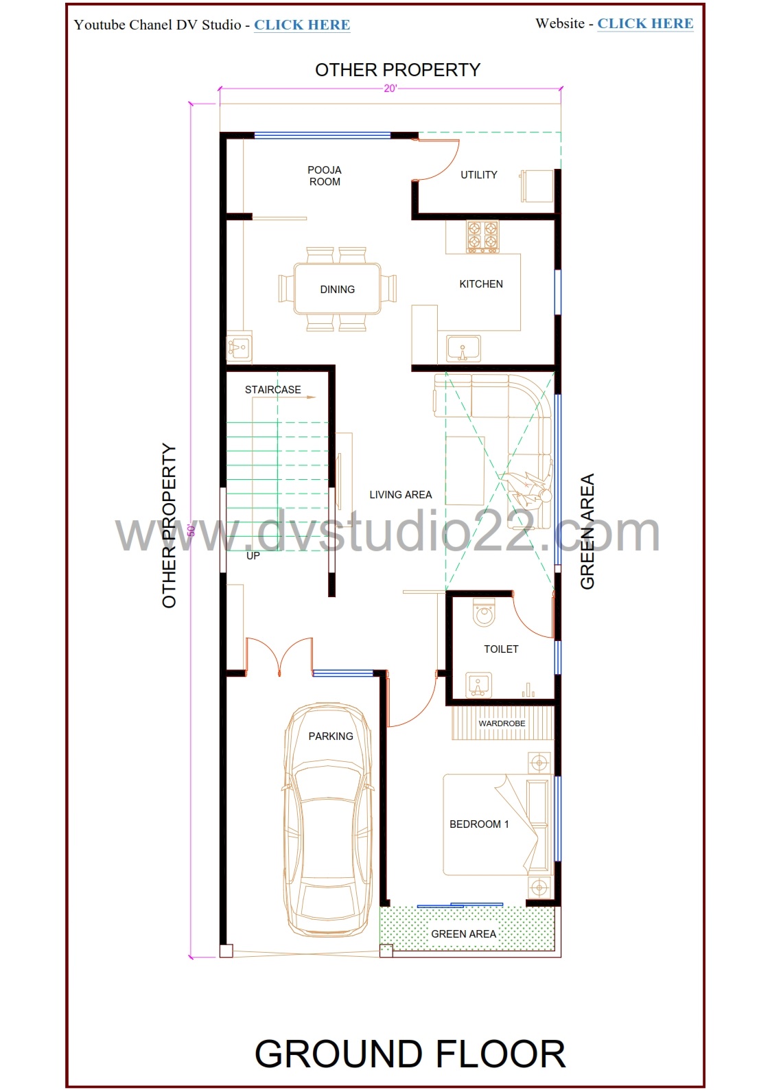 20x50 House Plans 3D - 3BHK - Option 7 - 1000 Sqft | 110 Gaj - DV Studio