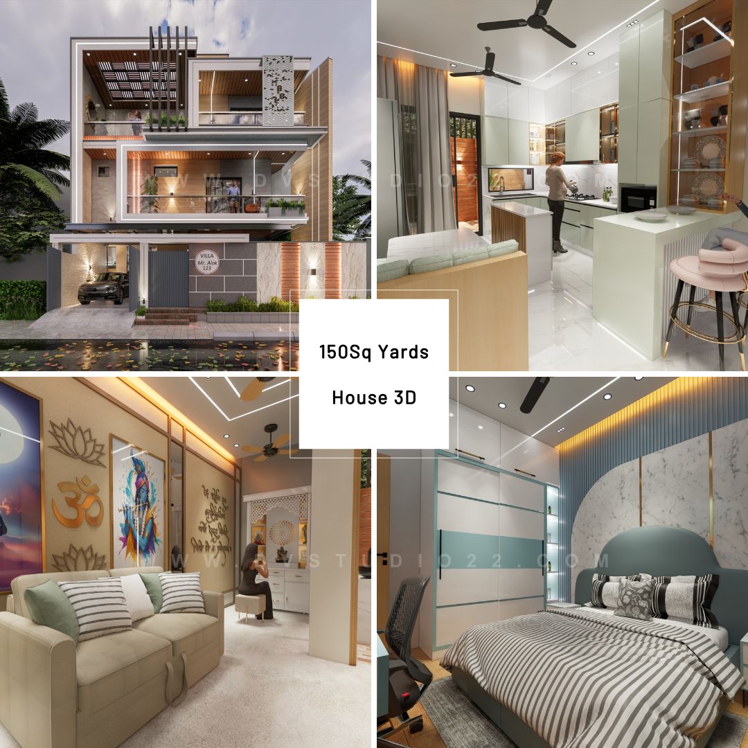 150 Sq Yards 4BHK House Plans 3D - 1380 Sqft | 150 Gaj - DV Studio